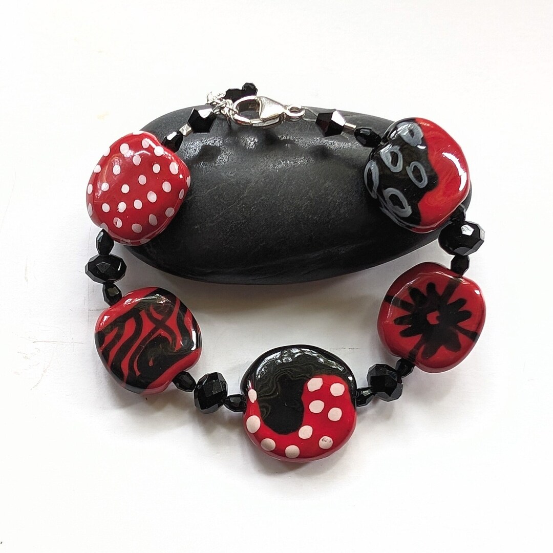 Red and Black Artsy African Clay Bracelet, Boho Bracelet, Red Statement ...