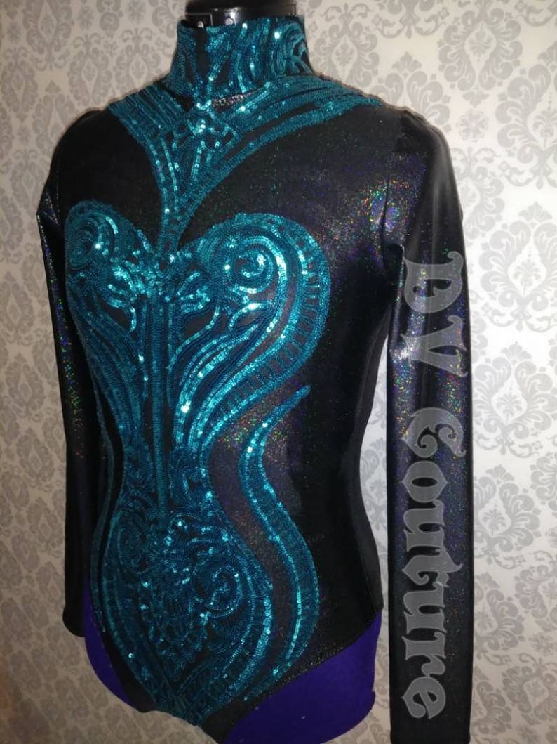 Black Holographic Leotard Bodysuit With Teal Sequin Applique Etsy