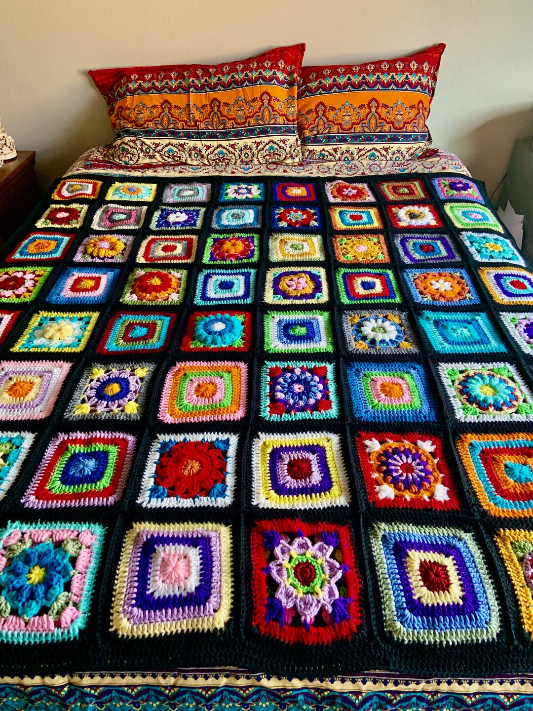 Queen Size Granny Square Style Afghan Flowers and Abstract Large ...