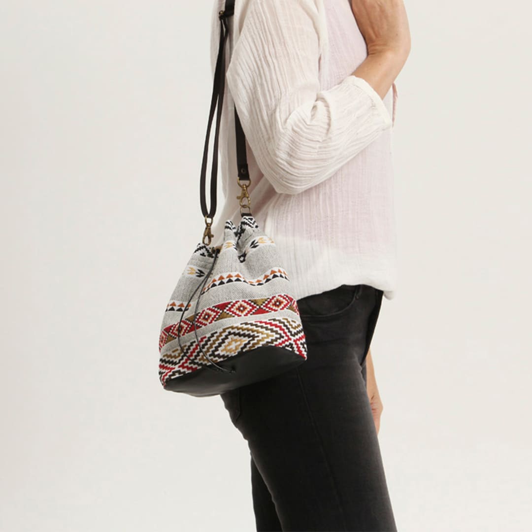 Black and Red Boho Bucket Bag With Tribal Print, Small Bucket Purse for ...