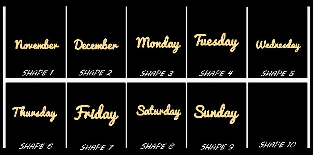 Month and Weekday Names Smooth Laser Cut Shape Set 2 Unfinished Cutout ...