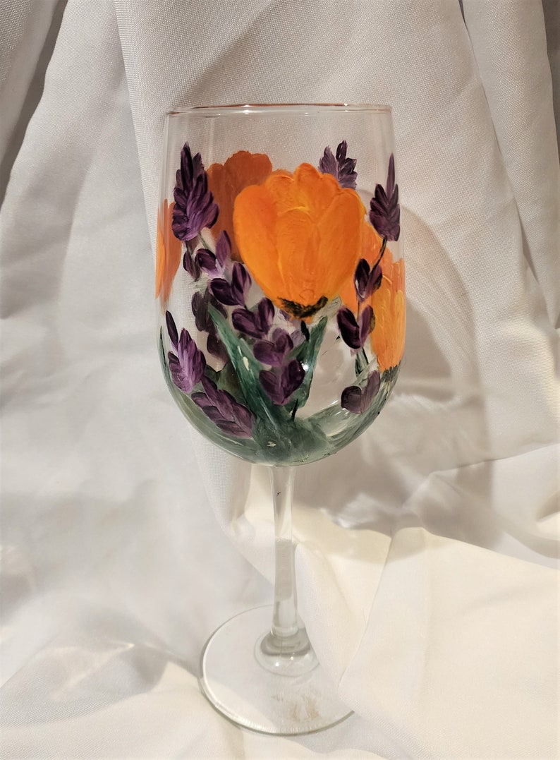 Set of 2 Tulip Shaped Wine Glasses. Orange Tulip and Lavender Floral ...