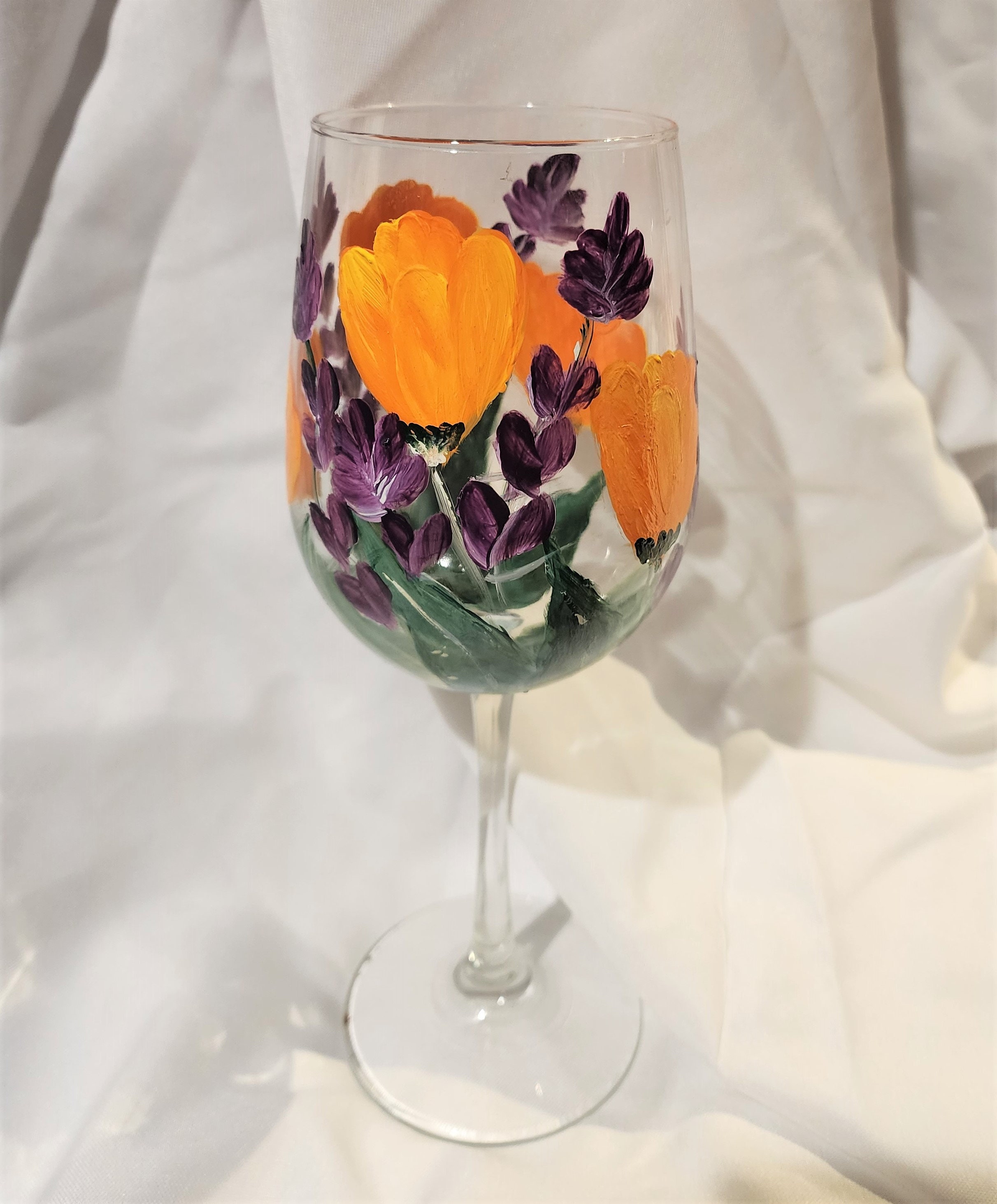Set of 2 Tulip Shaped Wine Glasses. Orange Tulip and Lavender Floral ...