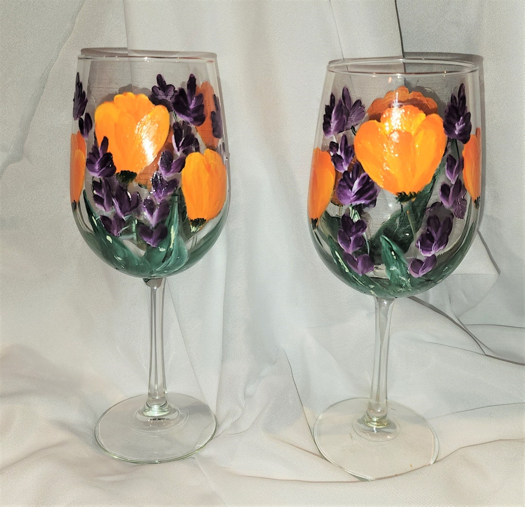 Set of 2 Tulip Shaped Wine Glasses. Orange Tulip and Lavender Floral ...