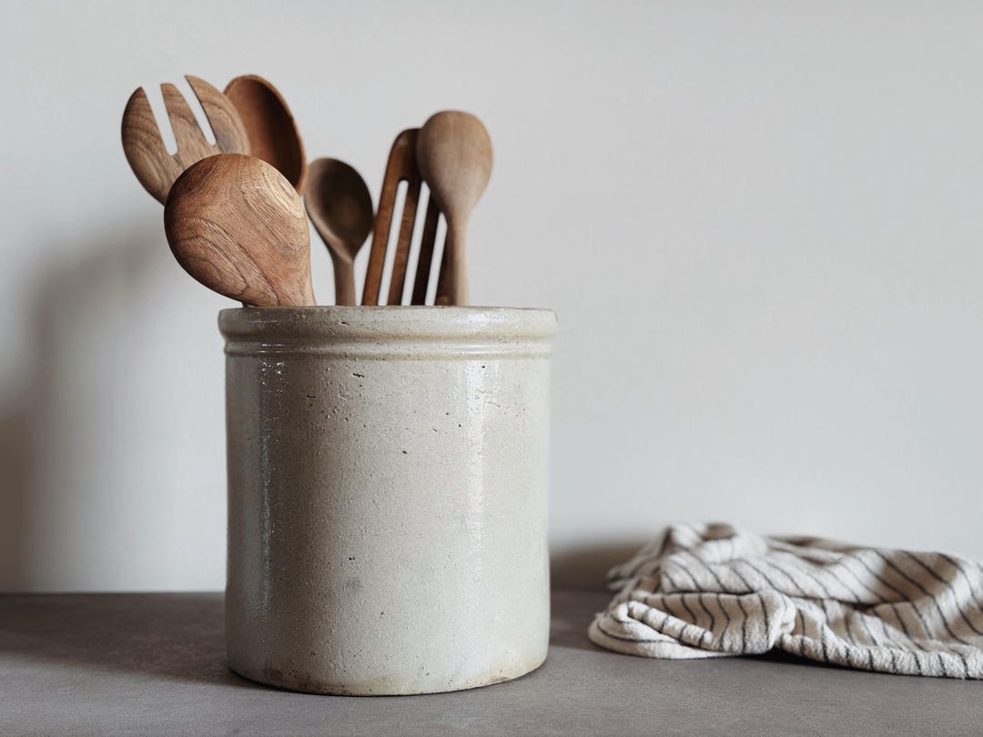 VINTAGE Greige Stoneware Canister Modern Farmhouse Kitchen Utensil ...