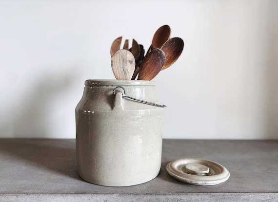 VINTAGE Large Beige Stoneware Crock Canister Antique - Etsy
