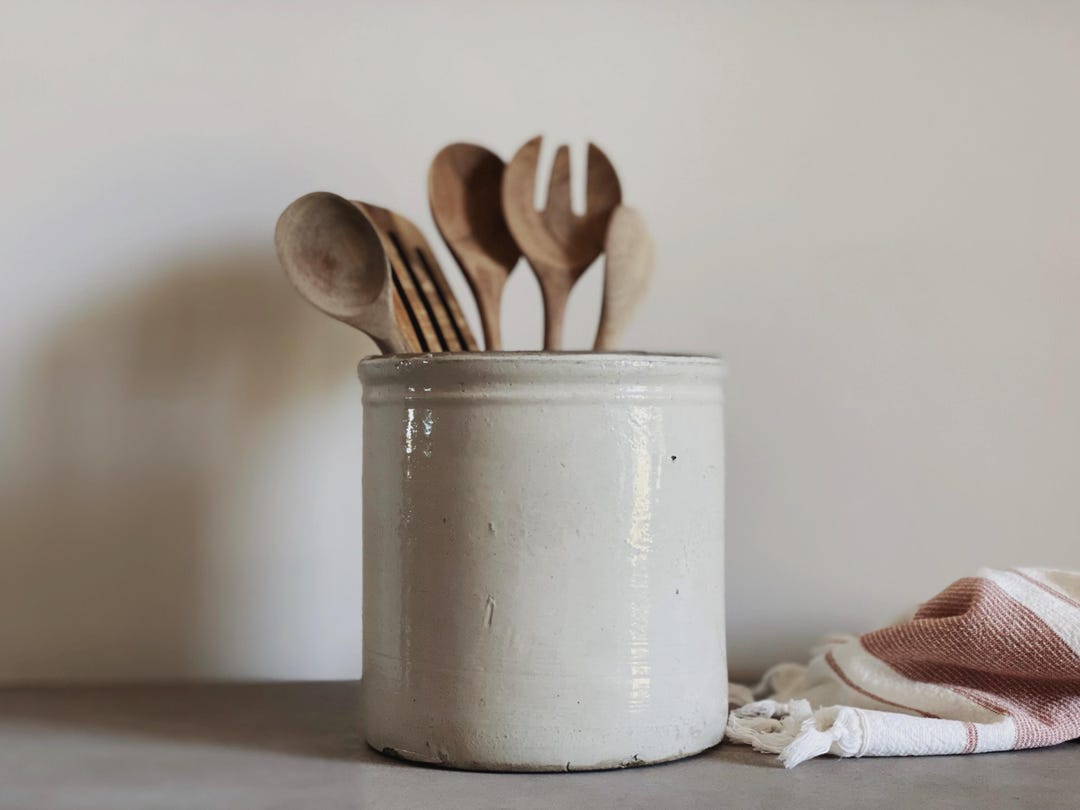 VINTAGE Greige Stoneware Canister Modern Farmhouse Kitchen Utensil ...