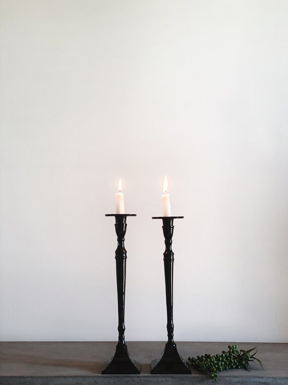 VINTAGE Pair of Large Black Candlesticks Cast Metal Candle - Etsy