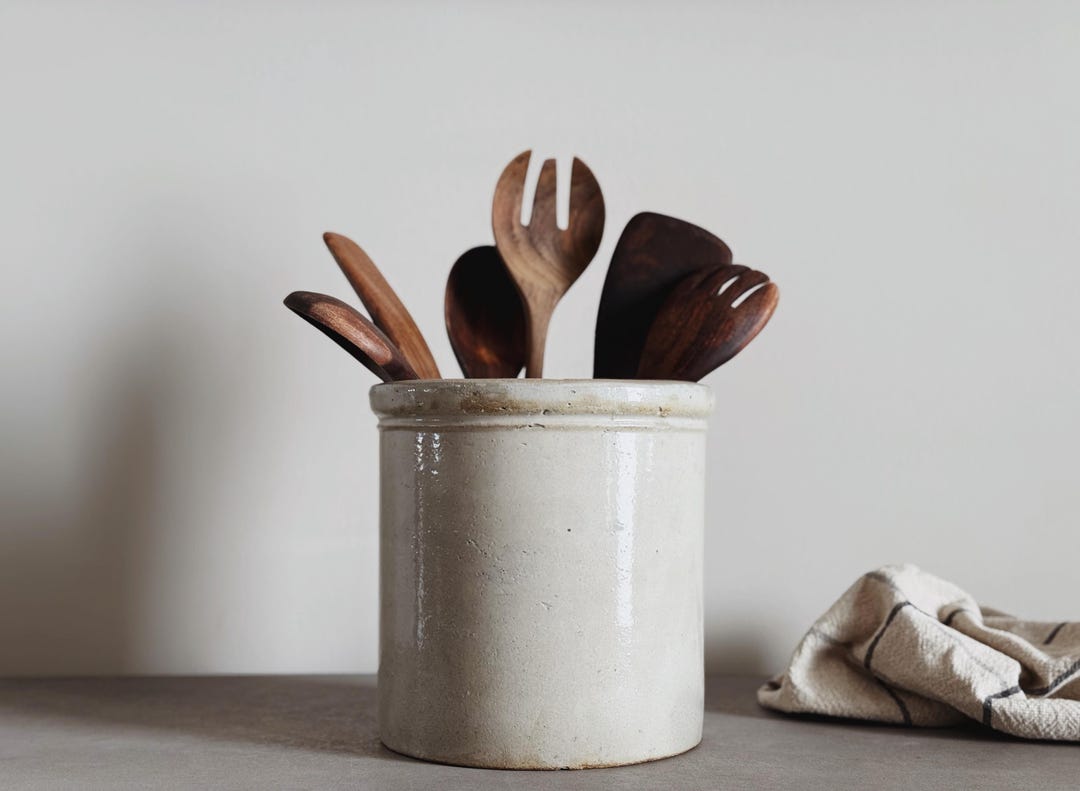 VINTAGE Greige Stoneware Canister European Farmhouse Kitchen Utensil ...