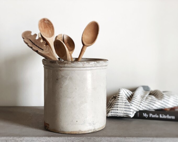VINTAGE | Greige Stoneware Open Crock Canister | Large Antique Crock ...