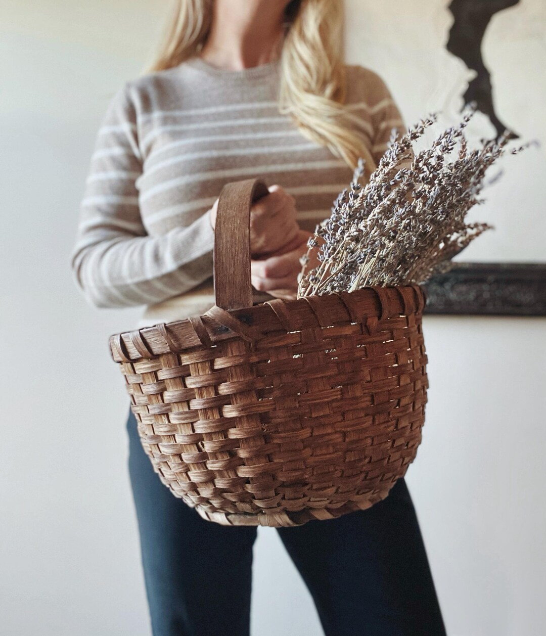 VINTAGE Large Handmade Gathering Basket Modern Farmhouse Large Splint ...