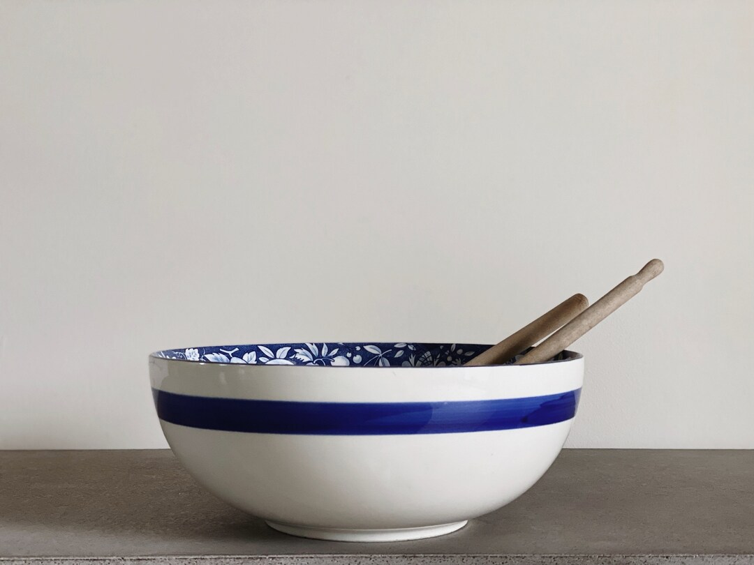 VINTAGE Blue and White Ceramic Serving Bowl Antique Ceramic Salad Bowl ...