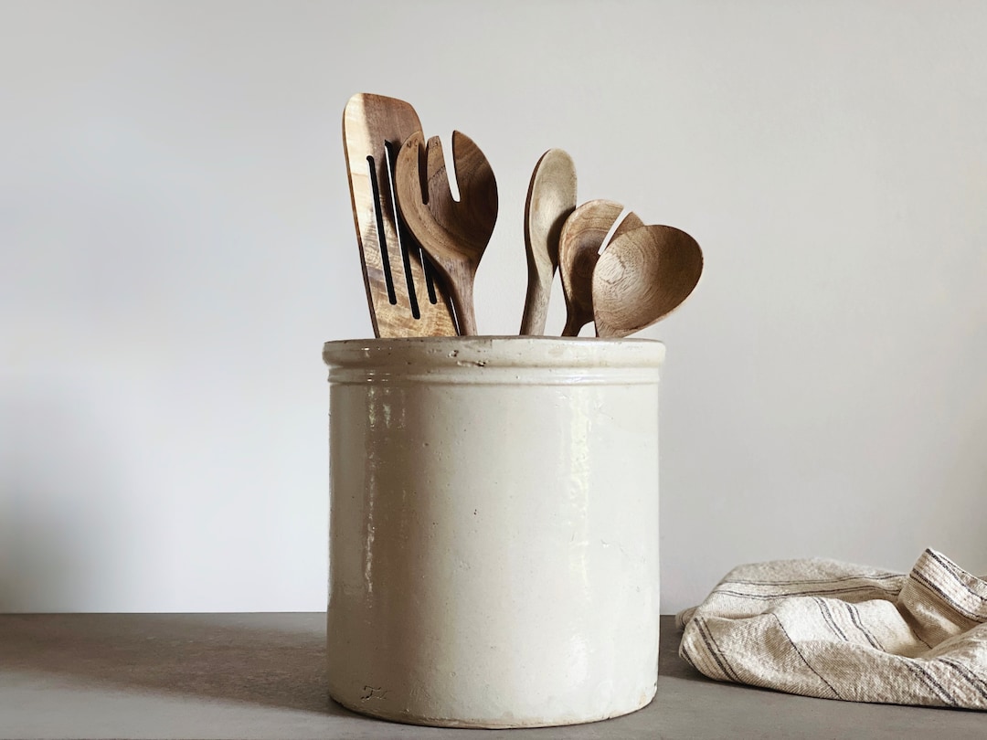 VINTAGE | Greige Stoneware Canister | Modern Farmhouse Kitchen Utensil ...