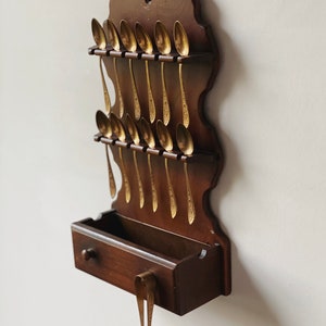 VINTAGE Swedish Brass Spoon Wood Wall Rack Set of Small Brass Spoons ...