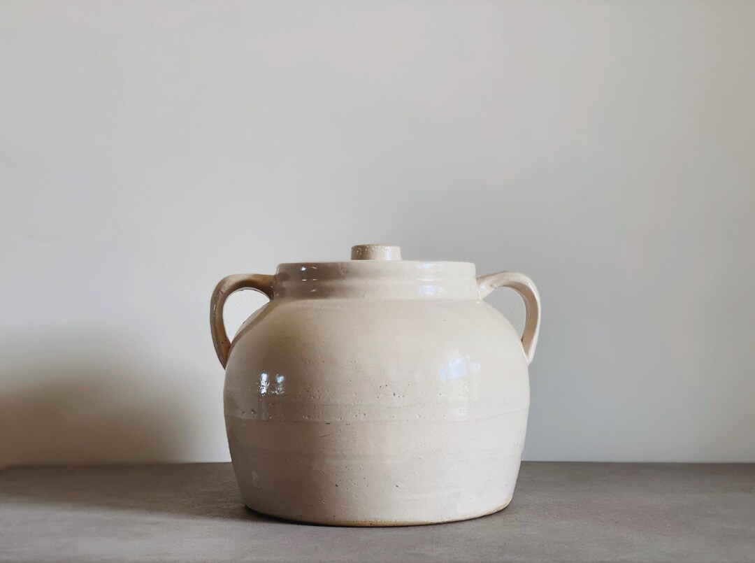 VINTAGE Large Beige Stoneware Canister Stoneware Jar With Lid Modern ...
