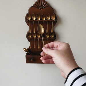 VINTAGE Swedish Brass Spoon Wood Wall Rack Set of Small Brass Spoons Wall Mounted Spoon Rack ...