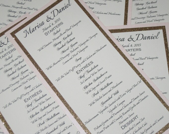 Blush, Gold Glitter & Ivory Menu Wedding Bridal Shower Metallic ...