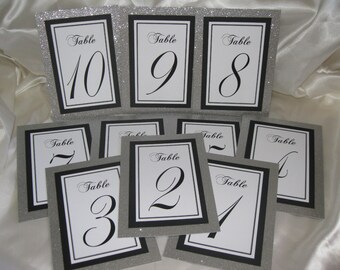 Silver Glitter & Navy Blue Wedding Table Numbers Set of 12