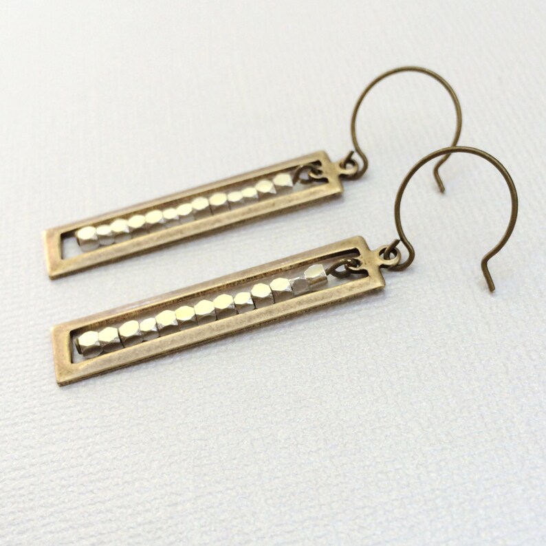 Geometric Earrings Long Brass Rectangle Drops Mixed Metal - Etsy