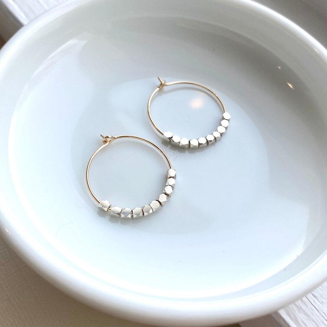 Mini Beaded Gold Hoop Earrings ~ Minimal Mixed Metal Tiny Faceted ...