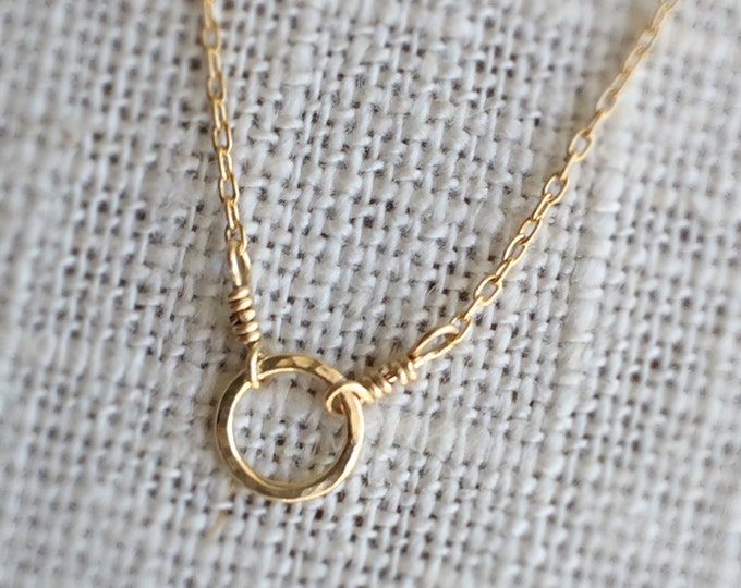 Gold Circle Necklace ~ Tiny Hammered Round Charm ~ Minimal Dainty Gold ...