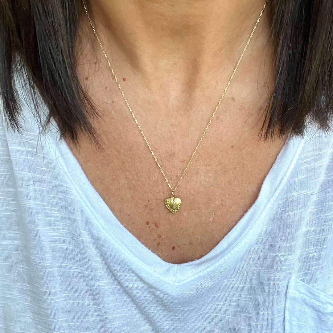 Small Heart Locket ~ Tiny Vintage Heart Etched Brass Floral Keepsake ...