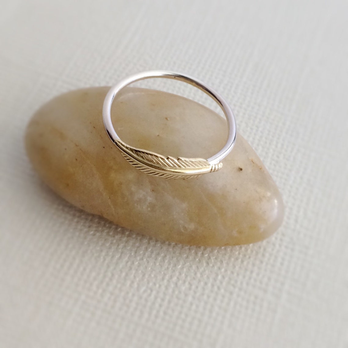 Feather Ring Minimal Sterling Silver and Golden Brass | Etsy