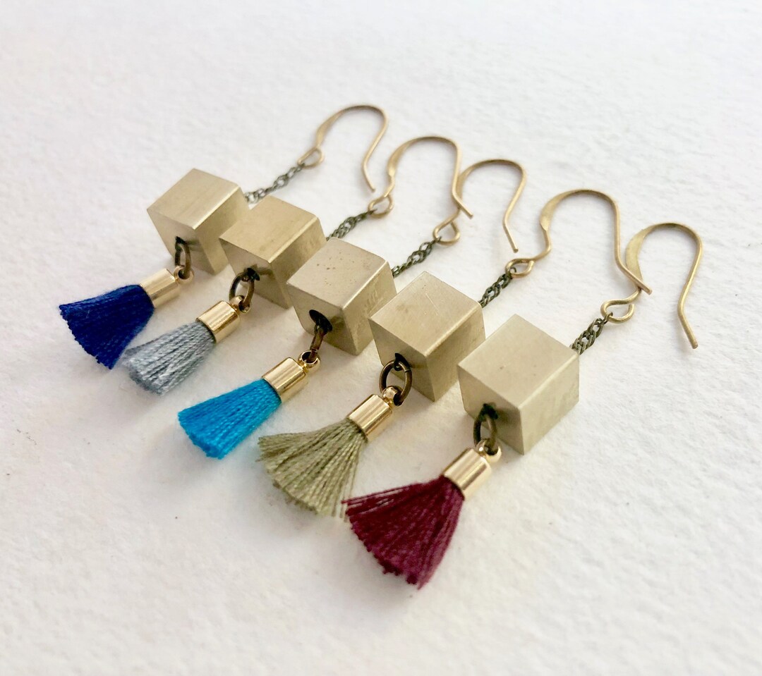 Cube Tassel Earrings, Geometric Tassel Earrings, Brass Cube Earrings ...