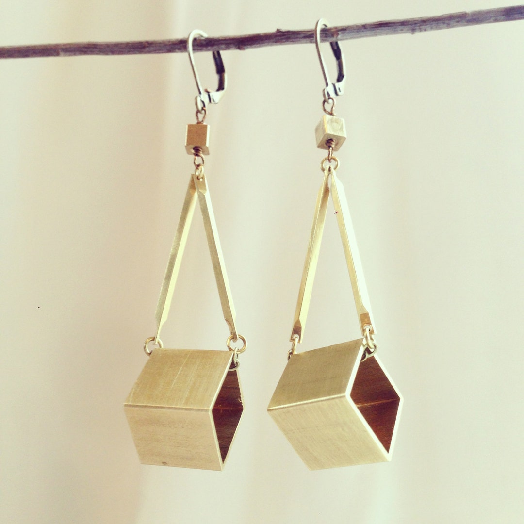 Geometric Brass Cube Dangle Earrings, Industrial Minimalist Jewelry - Etsy