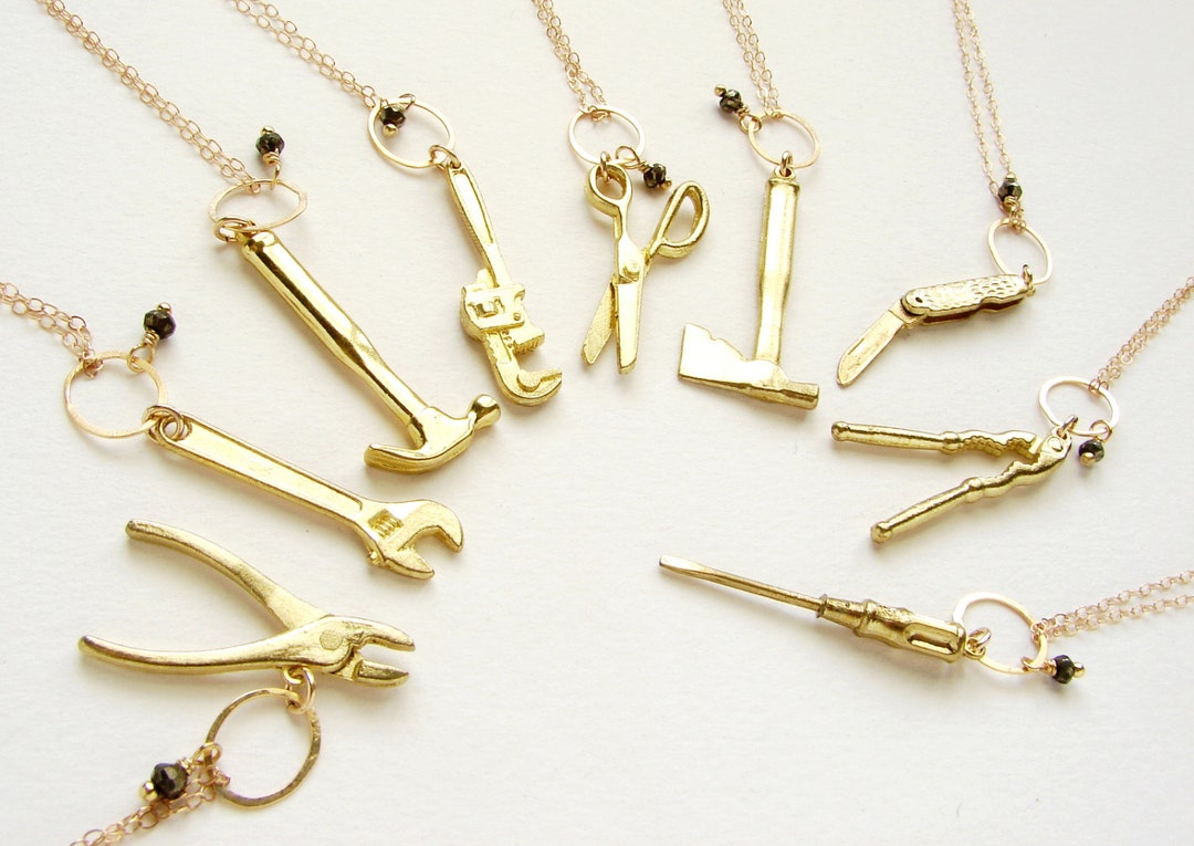 Gold Miniature Wrench Necklace, 14kt Gold Filled Chain, Pyrite Accent ...