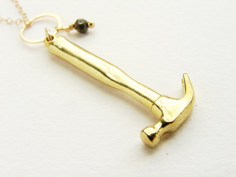 Golden Hammer Necklace Miniature Hammer Charm Pyrite Stone - Etsy