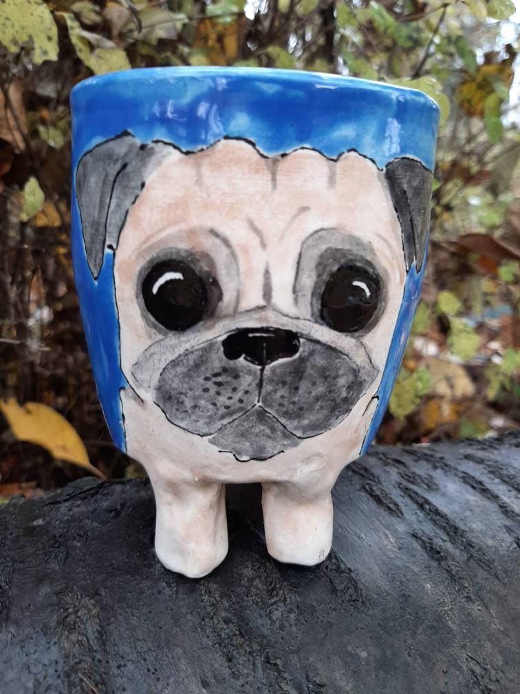 Handpainted Pug succulent planter. Wheel thrown ceramics. 100% | Etsy