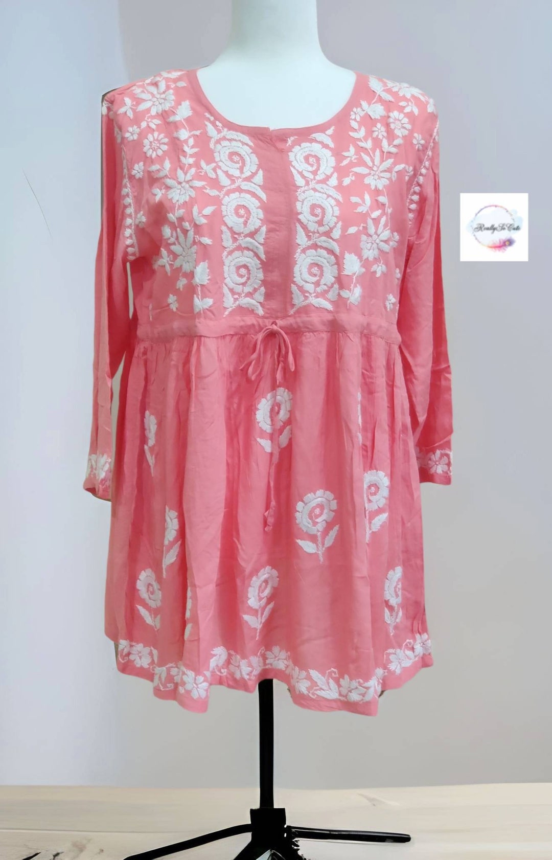 Chikankari Short Kurti Hand Embroided Women Tunic Top, Lucknowi ...