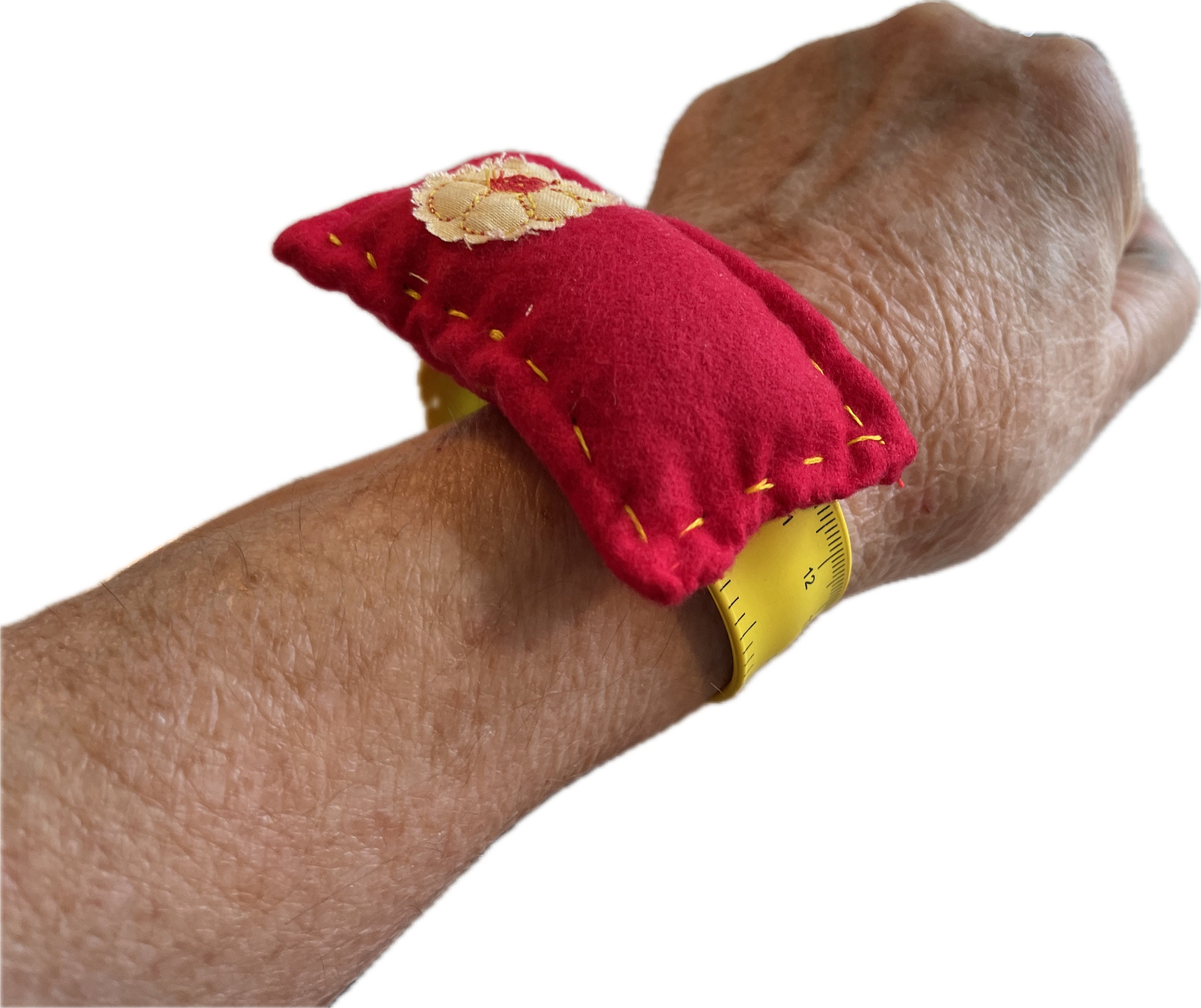 Snug-fitting Red With Yellow Flower Flannel Wrist Pin Cushion on Snap ...