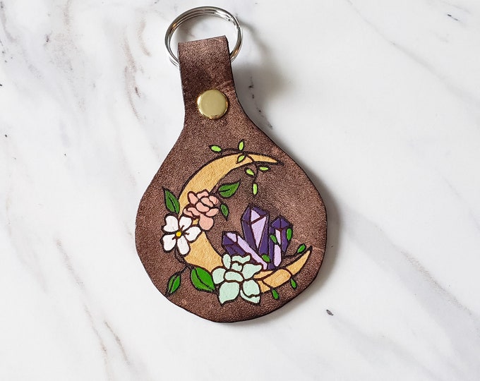 Moon and Crystals Key Chain Witch Gift for Her Custom Leather Keychain ...
