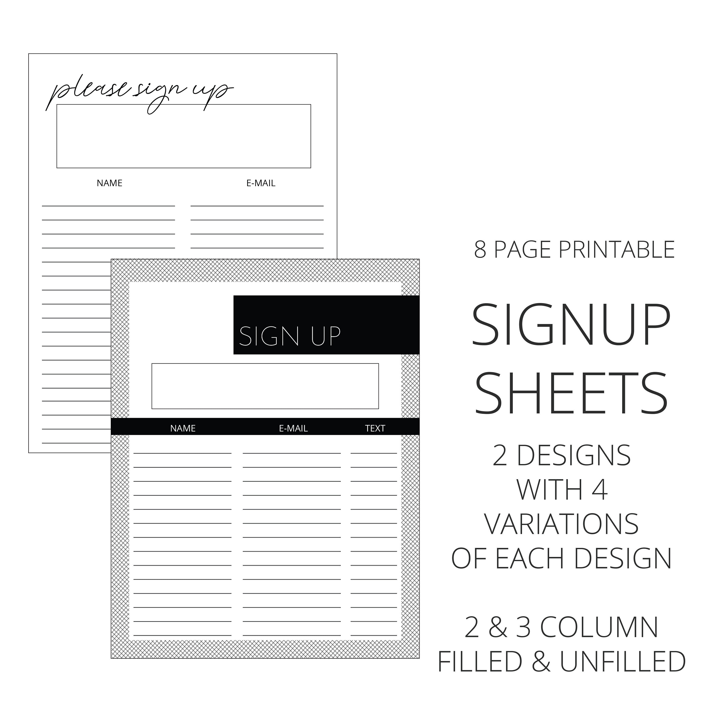 Sign up Sheet, Modern Sign up Forms, Sign up Printable - Etsy