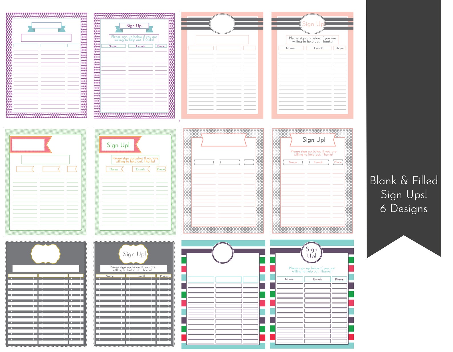 Sign up Sheets 6 Designs Filled and Unfilled With Editable Text Boxes ...
