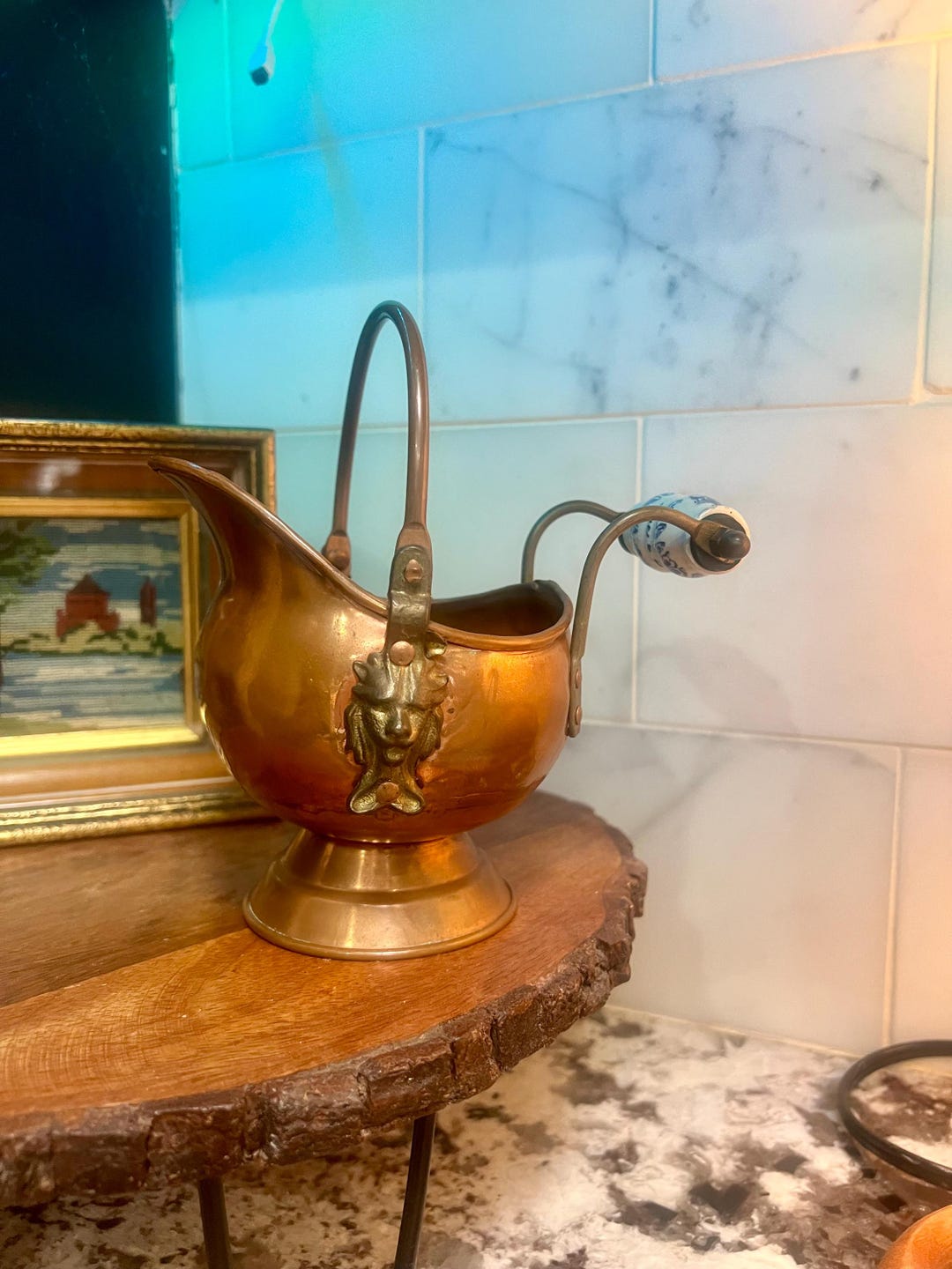 Vintage Copper and Porcelain Coal Scuttle With Adorning Lyon Heads at ...