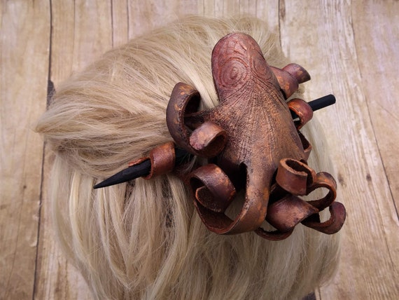 Leather Accessories Octopus Hair Clip Stick Barrette Octopus Hair Leather Hair Barrette With Stick Octopus Hair Stick Hair Stick Etsy UK