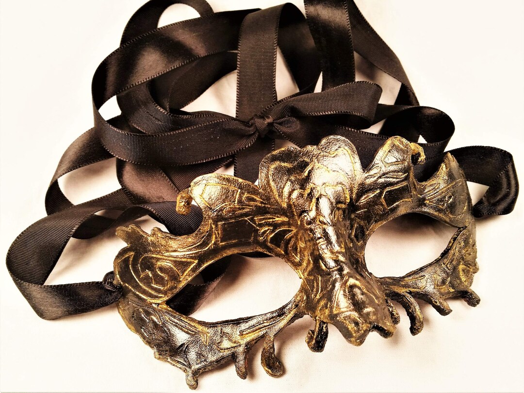 Handmade Leather Masquerade Mask - Black & Gold Filigree, Burlesque ...