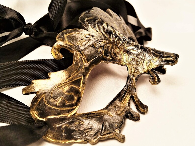 Handmade Leather Masquerade Mask - Black & Gold Filigree, Burlesque ...