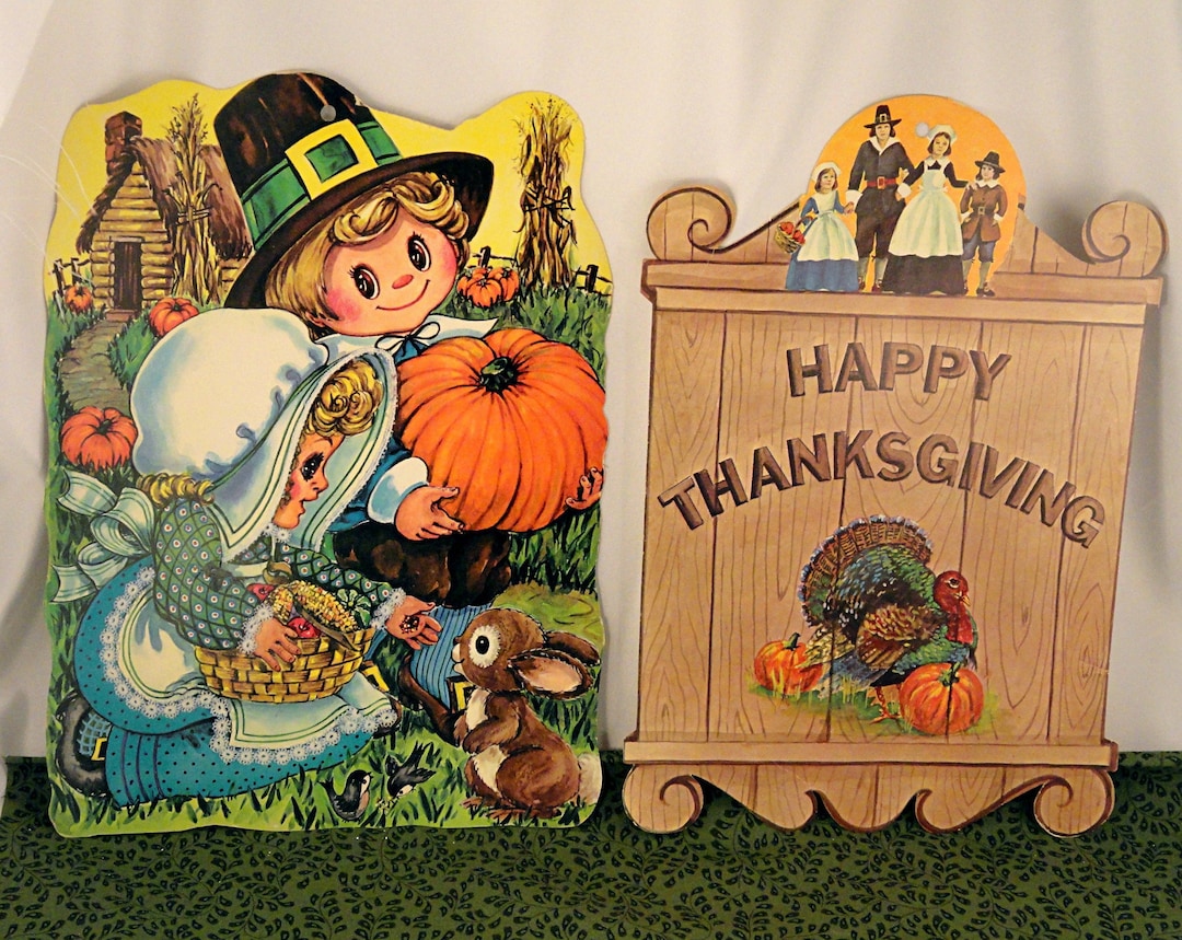 Pair Vintage THANKSGIVING Pilgrims Theme Paper Cardboard Die Cut ...