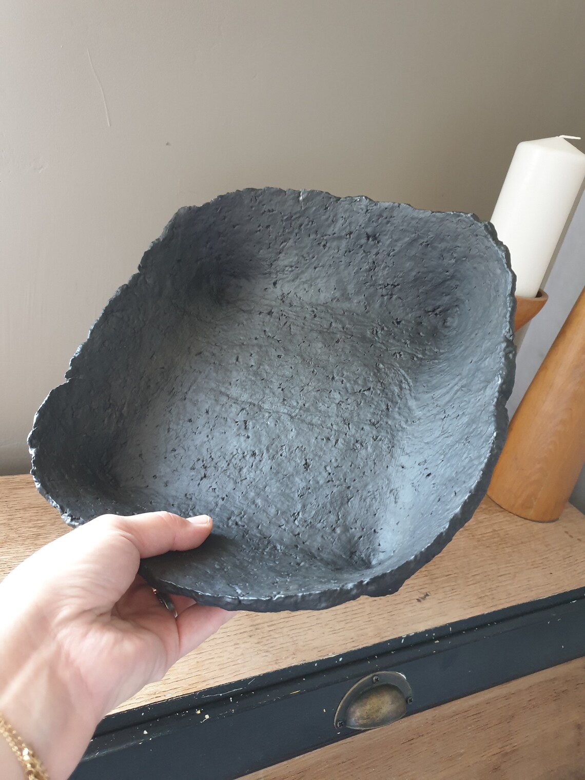 Ulmus Wabi Sabi, Paper Mache, Black, Raw, Irregular Trinket Dish, Small ...