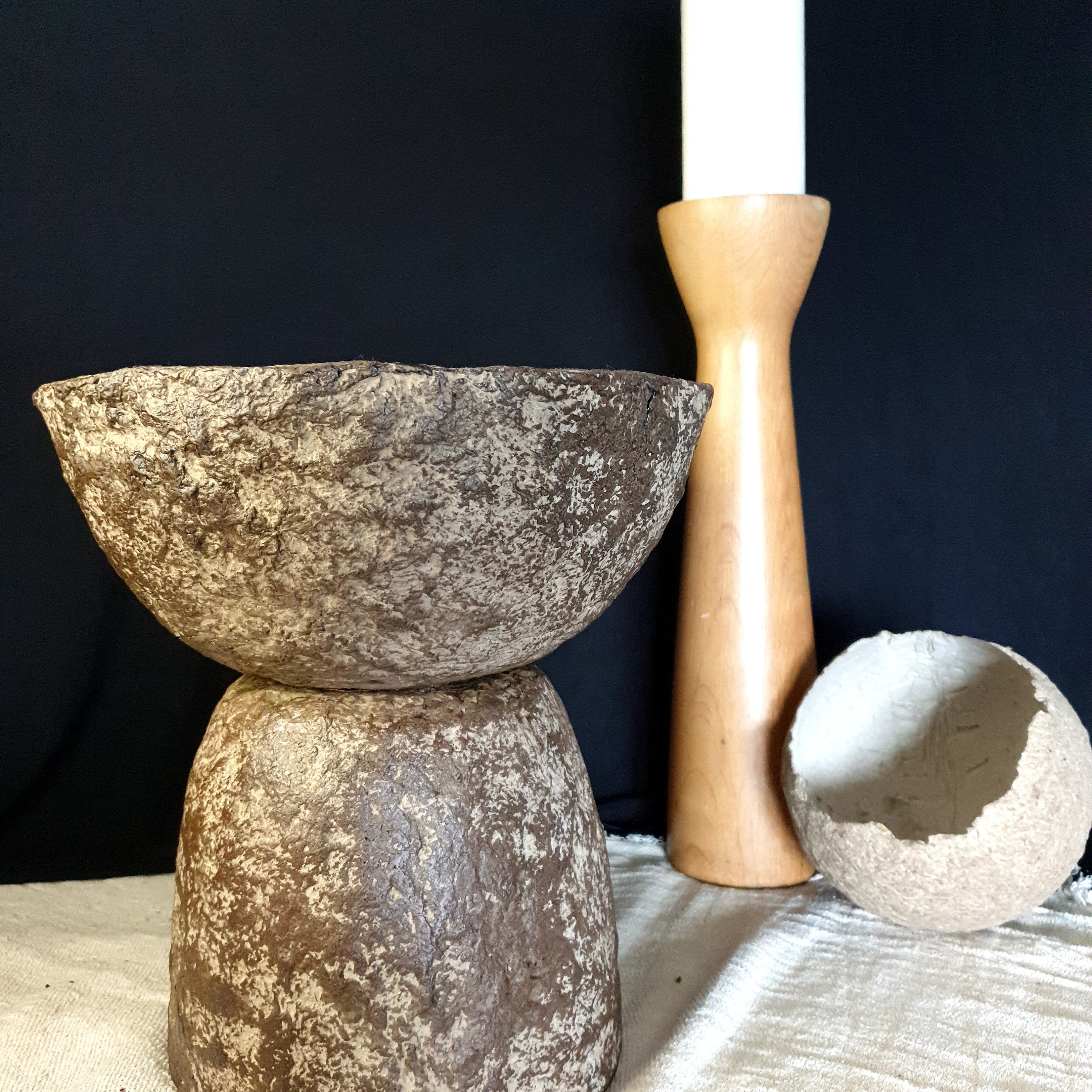 Carnea Handmade Paper Mache Pedestal Bowl – Walnut Finish, Rustic Home ...