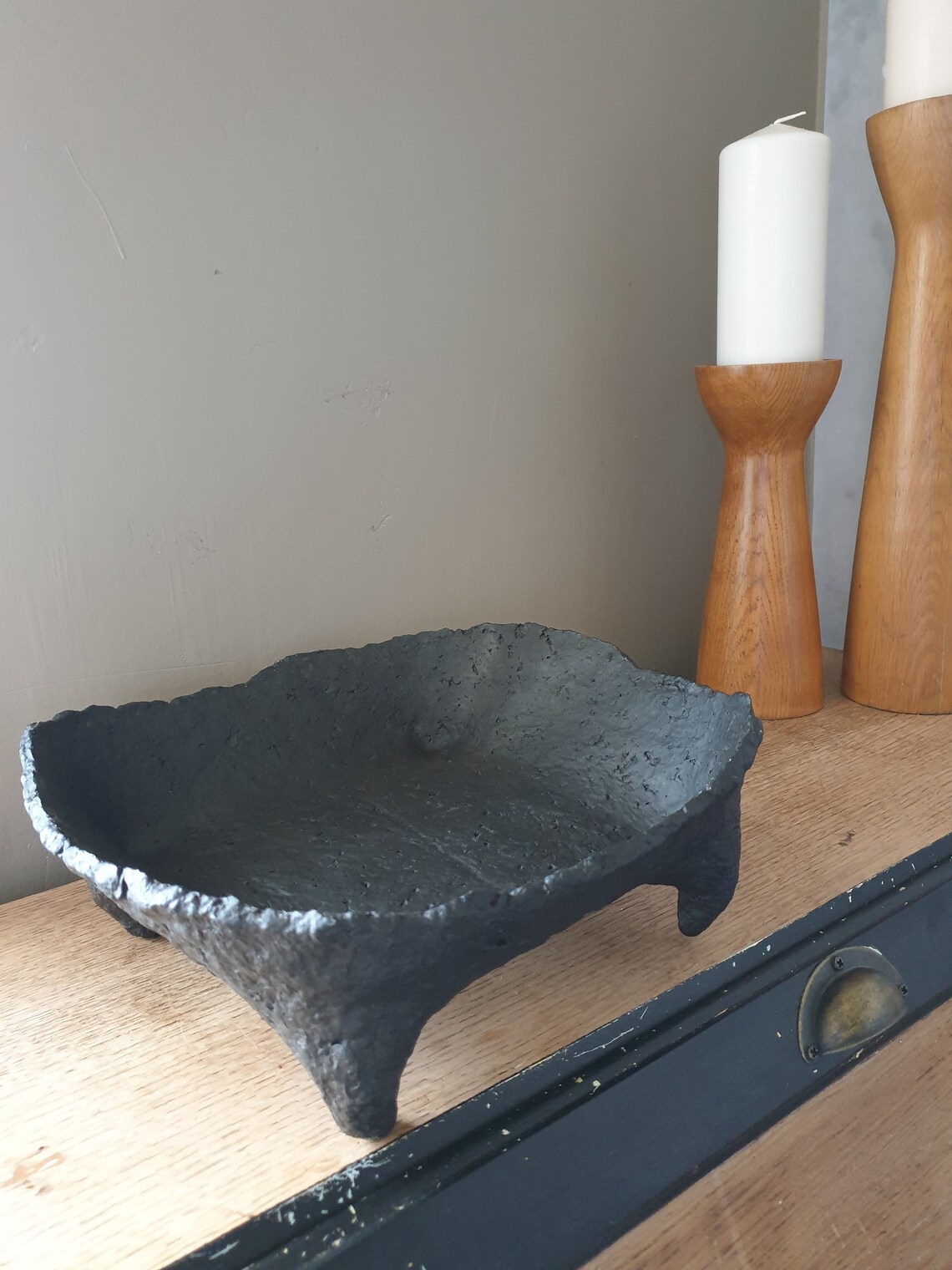 Ulmus Wabi Sabi, Paper Mache, Black, Raw, Irregular Trinket Dish, Small ...