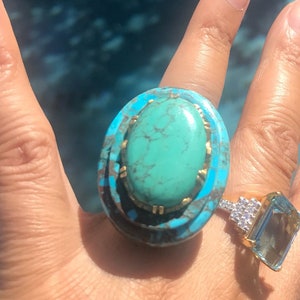 Sterling Turquoise Diamond Ring, Carved Turquoise Ring, Fine Turquoise ...
