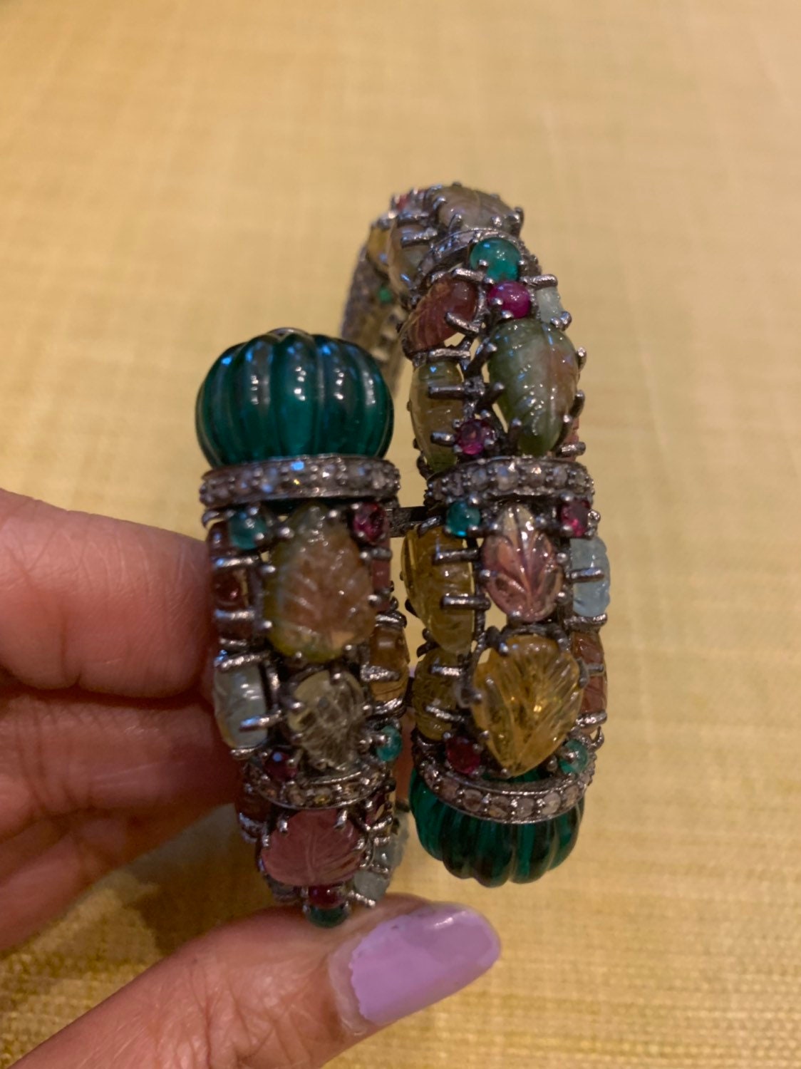 Custom stunning Bangle cuff with carved Emerald Aquamarine | Etsy