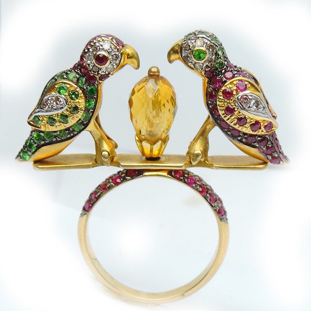 Twin Bird Ring , Designer Statement 18k Gold Ring, With Diamond, Ruby ...