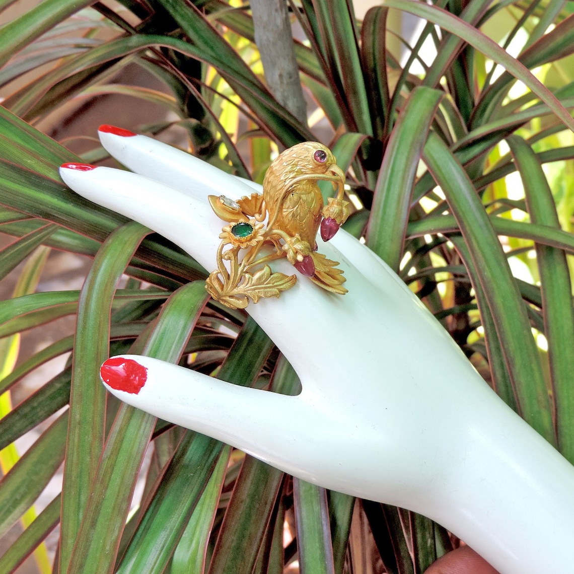 22k Gold Bird Ring With Emerald Ruby Diamond Carved Bird Ring - Etsy
