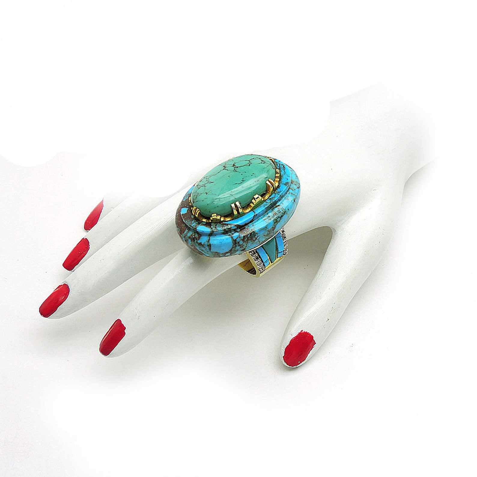 Sterling Turquoise Diamond Ring Carved Turquoise Ring Fine | Etsy